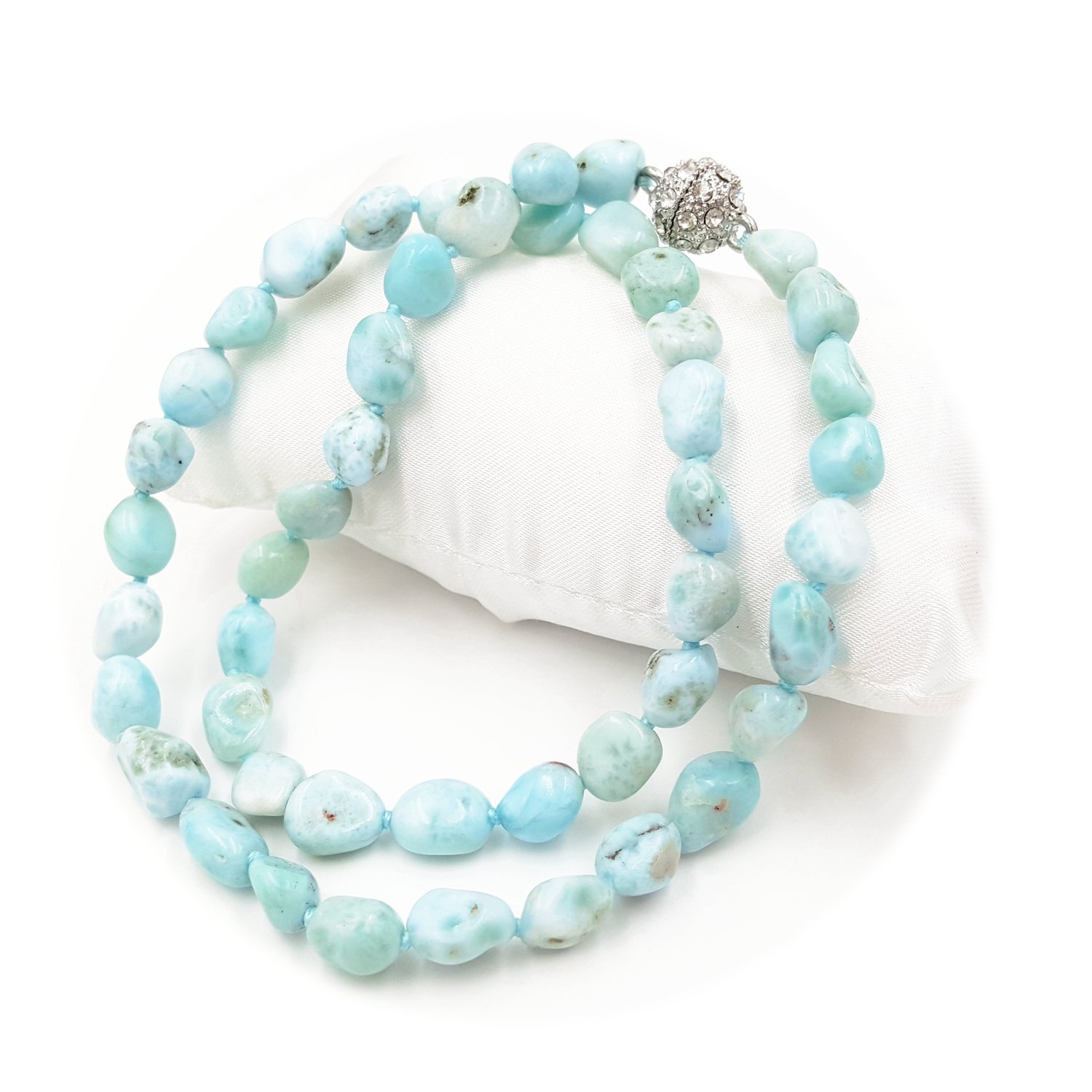 18" Natural Stone Larimar Beads Crystal Magnet Clasp Necklace