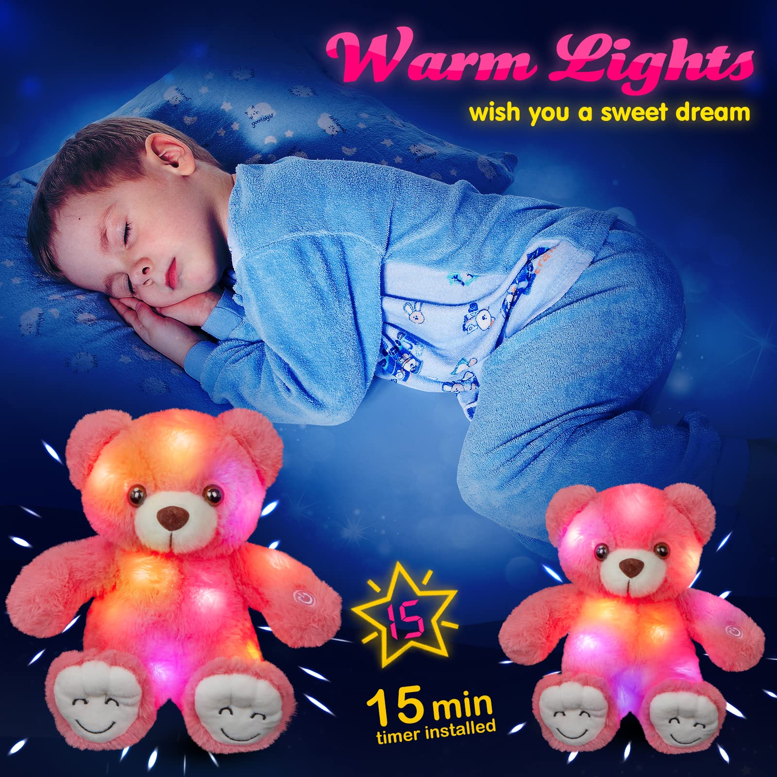 BSTAOFY Light up Plush Bears Gentle Smile Stuffed Animal Soft Fur Nightlight Toy Valentine's Day Gifts for Kids Birthday, 11.5"