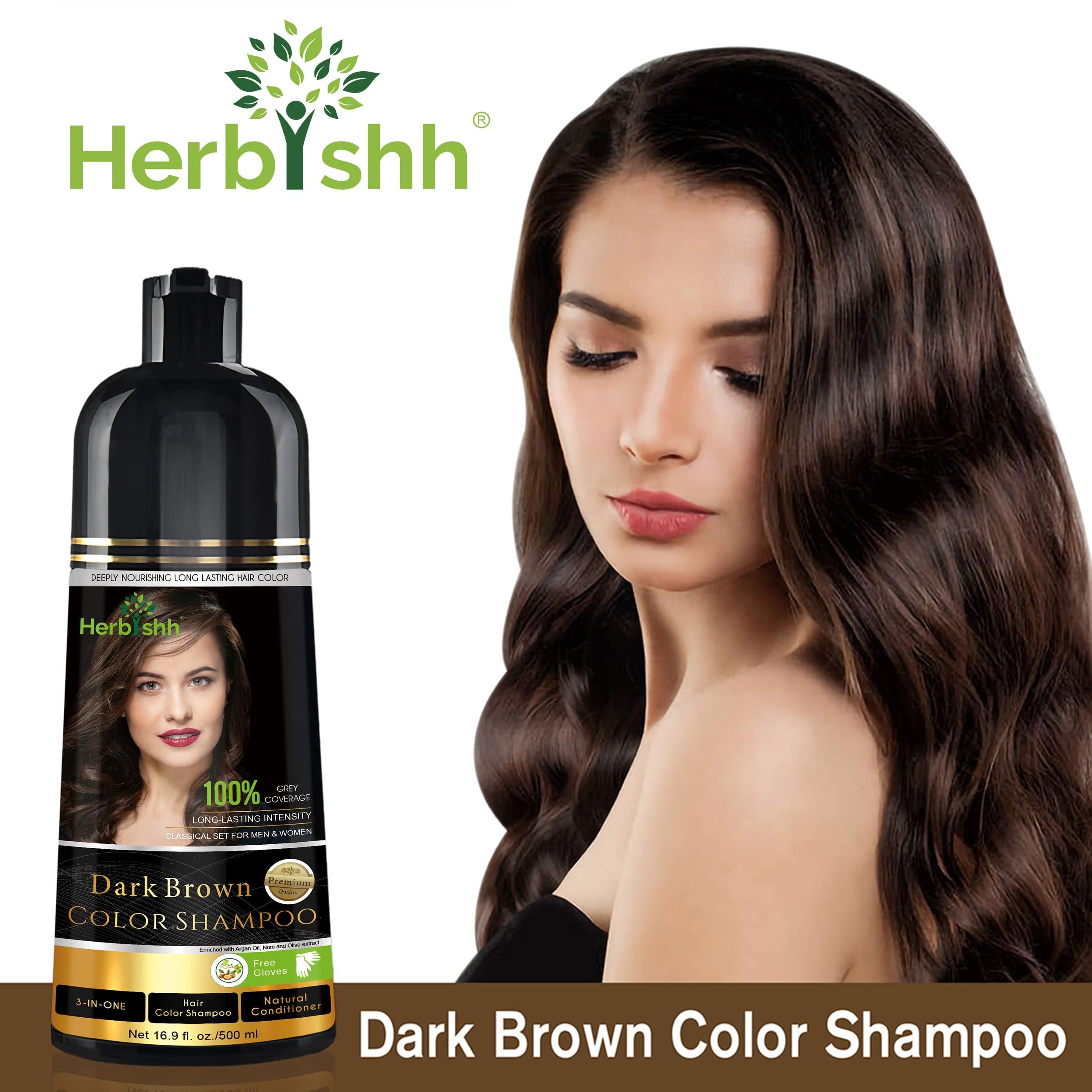 Herbishh Hair Color Shampoo - Magic Dye for Gray Hair, Lasting Color in Minutes - 500 Ml, 3-In-1, Ammonia-Free (Dark Brown)