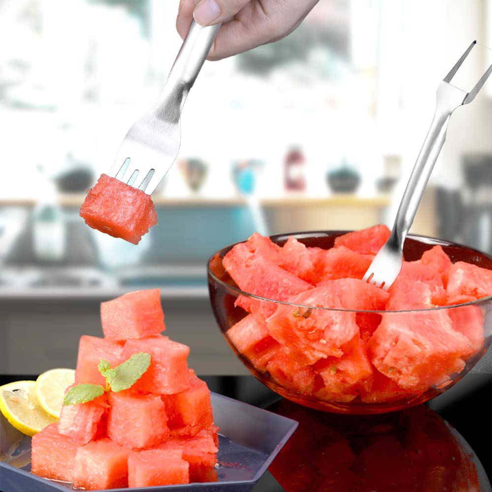 2-in-1 Watermelon Fork Slicer, Stainless Steel Watermelon Slicer Cutter Tool, Fruit Vegetable Slicer Fork Melon Cutter, Fruit Cutting Fork Slicer Kitchen Gadget for Family Parties Camping (5 PCS)