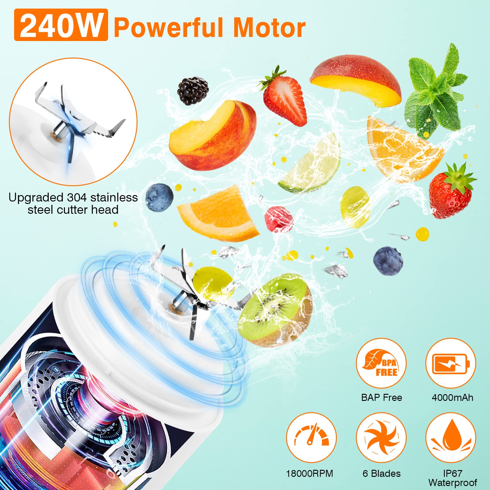 20oz Portable Blender, Personal Size Blender Smoothies and Shakes With 6 Blades, USB Rechargeable Blender Fruit Juicer with 2 Mixing Modes & LED Light, With for Kitchen Outdoor Gym Office (White)