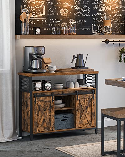VASAGLE Buffet Sideboard Storage Cabinet with Adjustable Shelf and Sliding Barn Door, Open Compartment, 13 x 39.4 x 31.5 Inches, Rustic Brown and Black