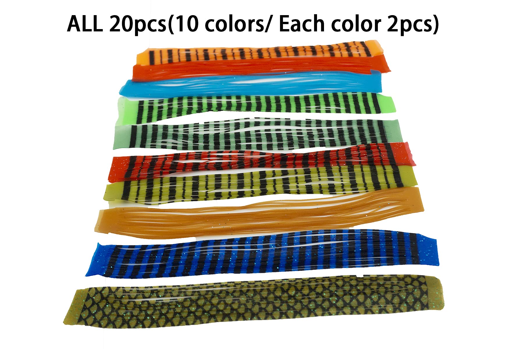 20Pc 10Colours Fishing Jig Lures Mixed Colors DIY Silicone Whole Sheet Skirts for Jig Lures Regular Skirt Colours with Fly Tying Material Free Rubber Band CMB1#