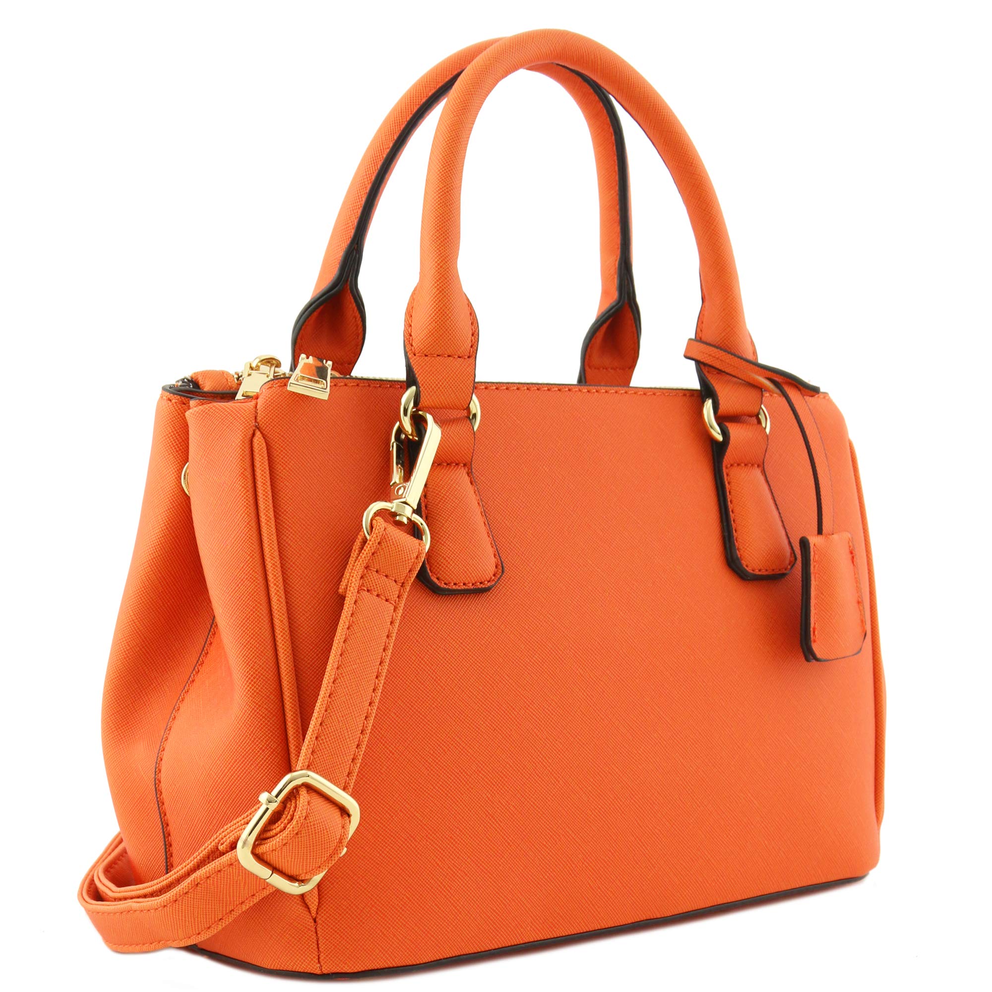 2pcs Set Classic Triple Zip Top Handle Small Satchel Bag with Zip Around Wallet (Orange)