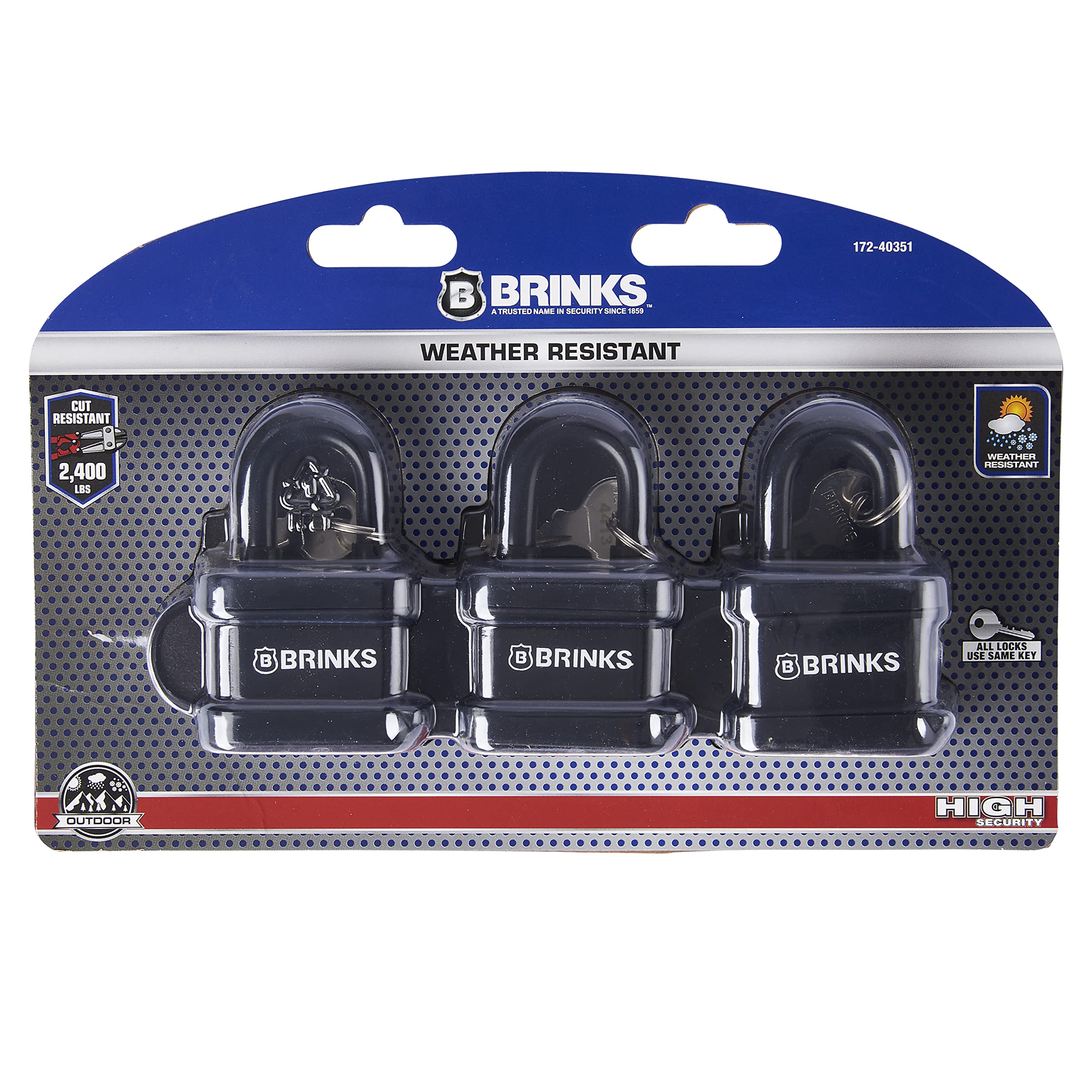 BRINKS - 40mm Laminated Steel Weather Resistant Padlock, 3-Pack - Vinyl Wrapped and Chrome Plated with Hardened Steel Shackle