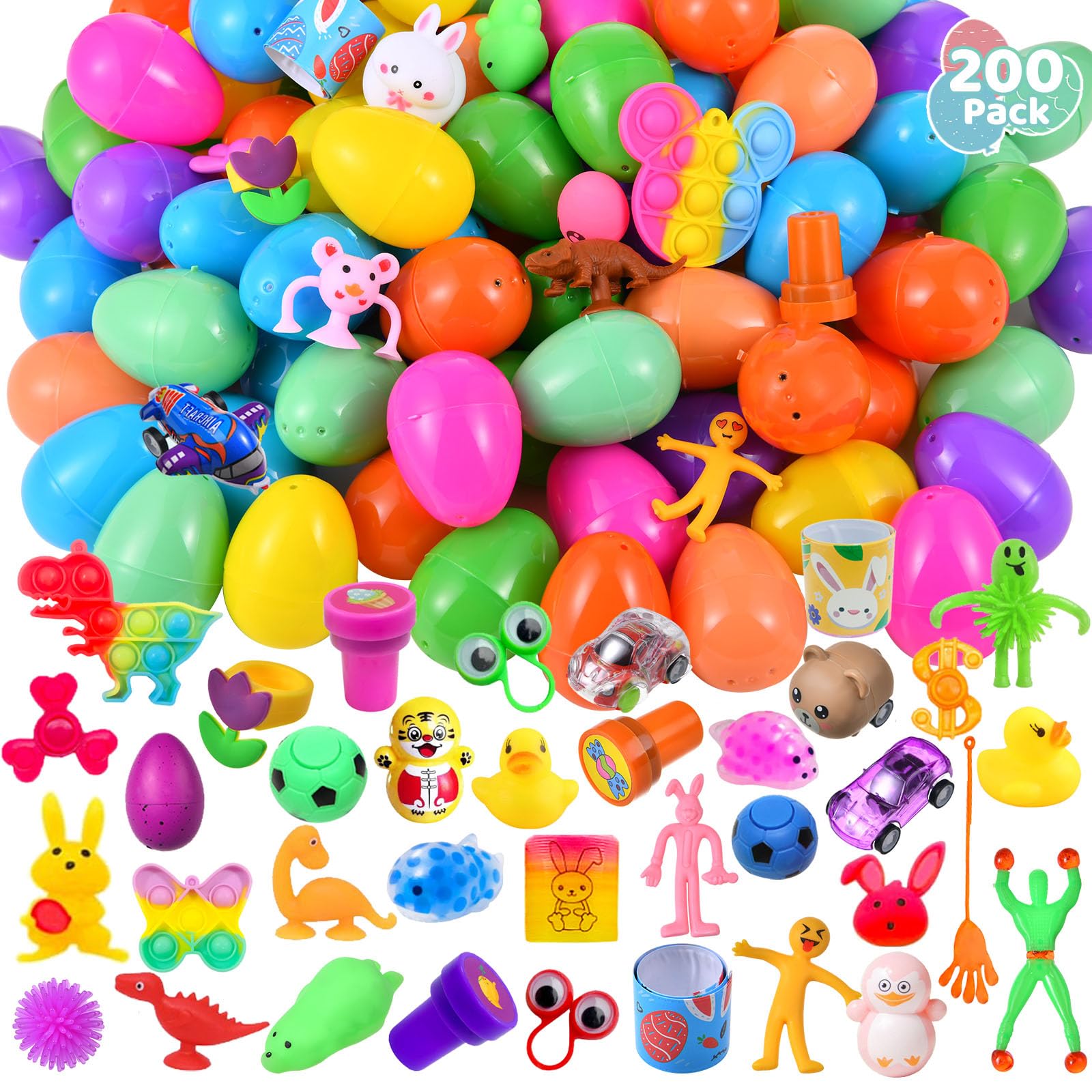 200 Pack Prefilled Easter Eggs with Mini Novelty Toys Inside and Easter Theme Assorted Toys Great for Kids Toddlers Teens Easter Party Favor Basket Stuffers Eggs Fillers