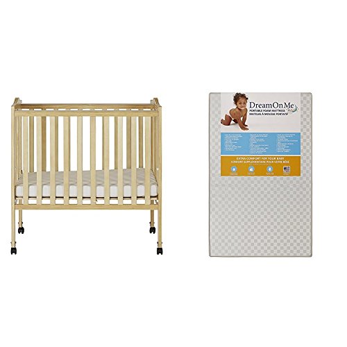 Dream On Me 2 in 1 Lightweight Folding Portable Stationary Side Crib with Dream On Me 3 Portable Crib Mattress, White