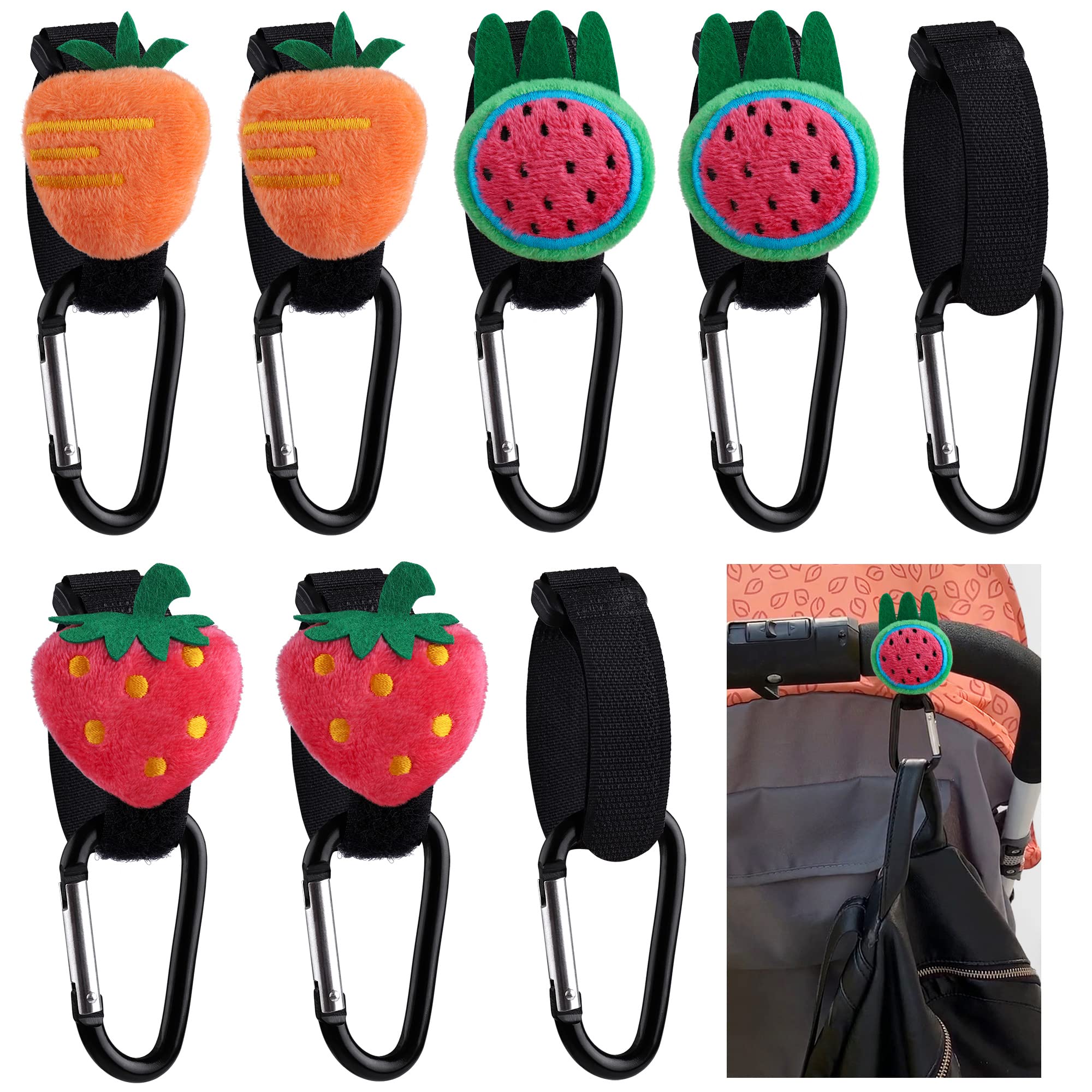 8PCS Babies Stroller Hooks Radish Stroller Buckle Strawberry Multifunctional Hook 360-degree Rotating with Metal Carabiner for Hanging Purse Stroller Organizer Shopping Bag Groceries (Colorful)