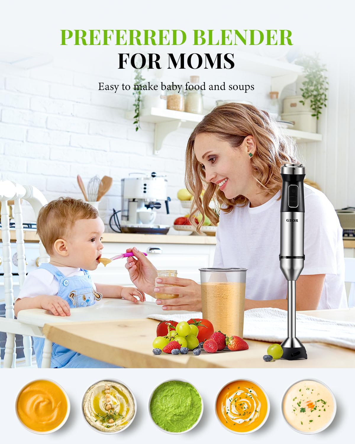 6-in-1 Immersion Blender Handheld 1000W 20-Speed & Turbo Mode, GDOR Scratch Resistance Hand Blender with Dough Hooks, Egg Beaters, Whisk, 800ml Beaker, 600ml Chopper Titanium Blades, BPA-Free, Silver