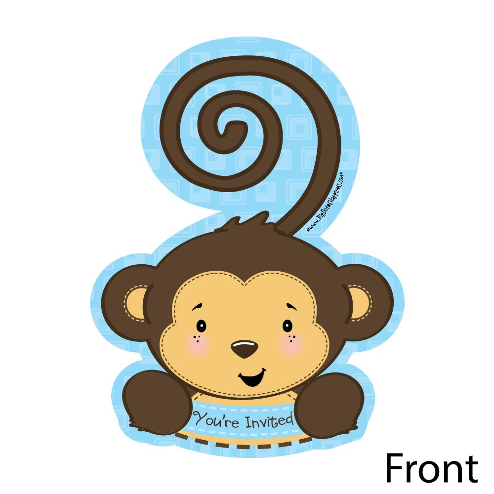 Big Dot of Happiness Blue Monkey Boy - Shaped Fill-In Invitations - Baby Shower or Birthday Party Invitation Cards with Envelopes - Set of 12