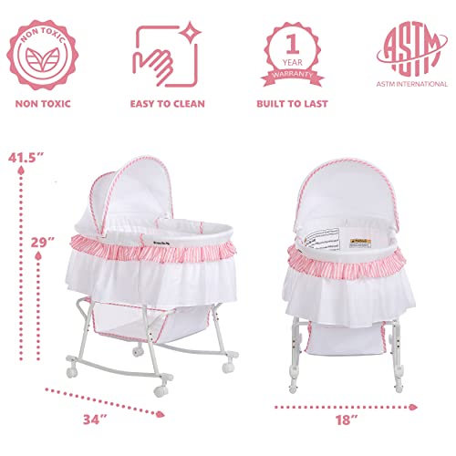 Dream On Me Lacy Portable 2-in-1 Bassinet & Cradle in Pink and White, Lightweight Baby Bassinet with Storage Basket, Adjustable and Removable Canopy