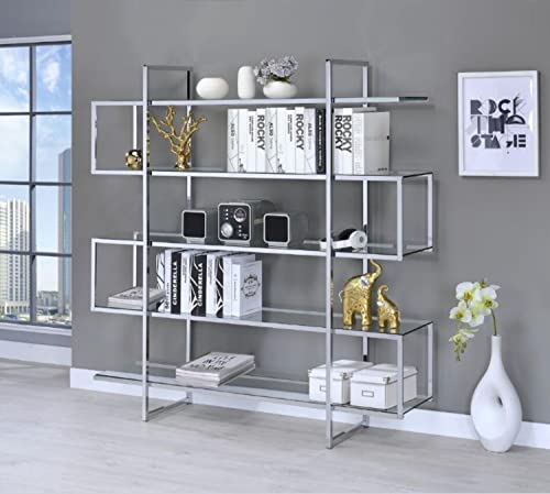 Coaster Furniture Modern Contemporary 5 Shelf Zig Zag Bookcase Etagere Metal Bookshelf Clear Tempered Glass Shelves Chrome 801304