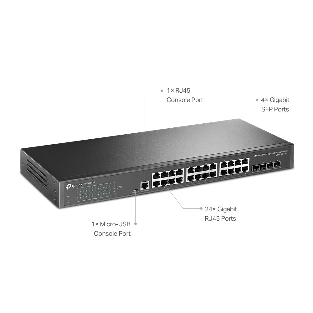 TP-Link TL-SG3428 | 24 Port Gigabit Switch, 4 SFP Slots | Omada SDN Integrated | L2+ Smart Managed | IPv6 | Static Routing | L2/L3/L4 QoS, IGMP & LAG | 3 Year Manufacturer Warranty