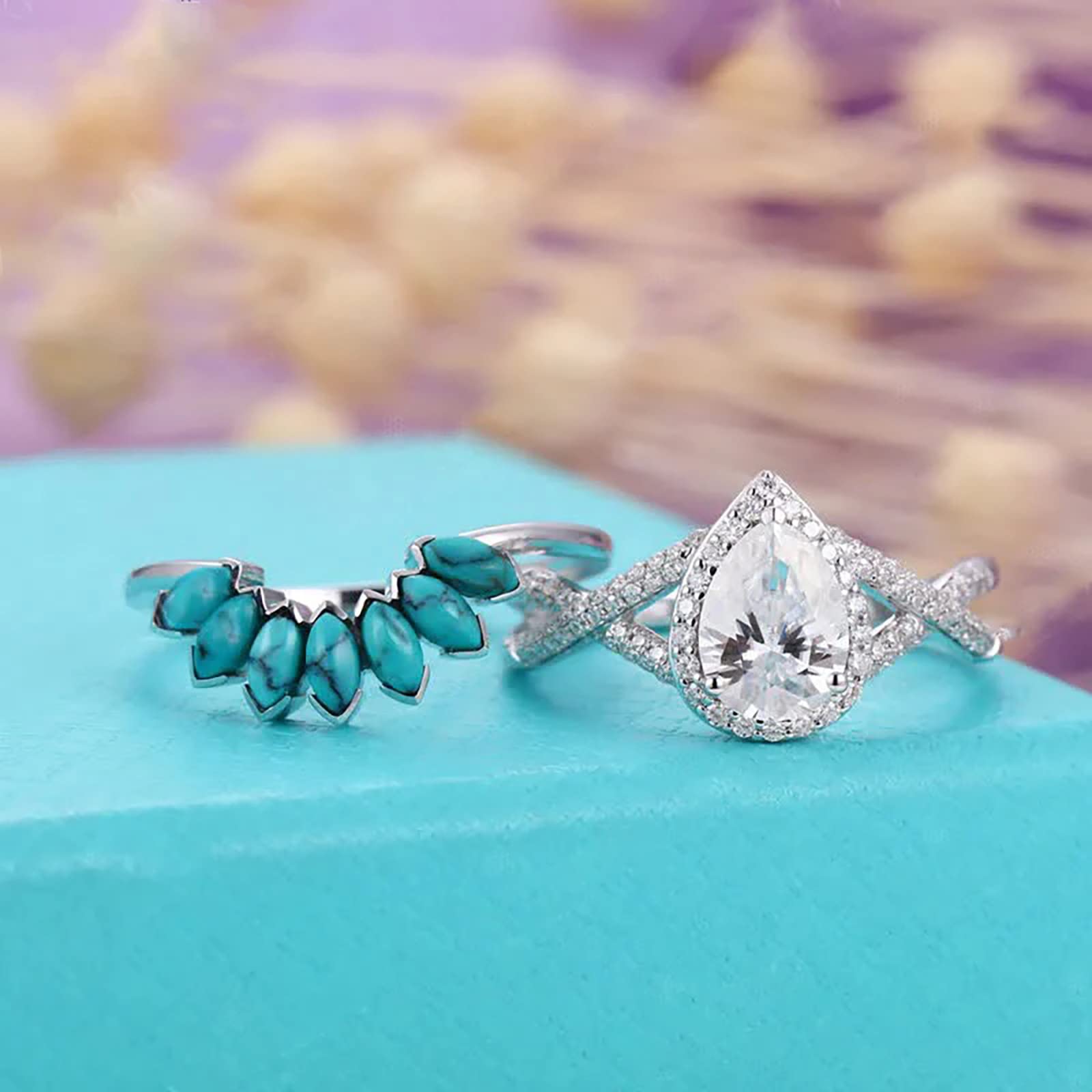 2PC Set Women Shining White Crystal Zirconia Water Drop Shape Ring Turquoise Ring Promise Rings Engagement (Silver, 7)