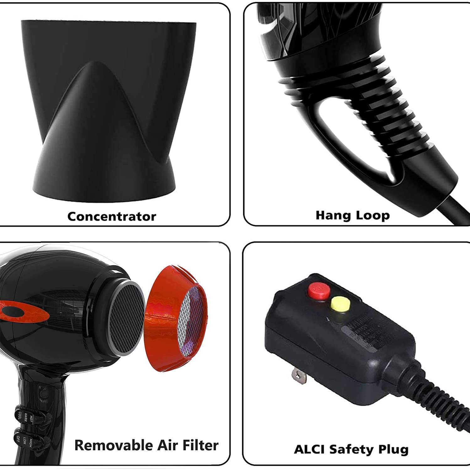 1875W Professional Salon Hair Dryer, Negative Ionic Berta Blow Dryer,AC Motor Powerful Hair Dryers with Concentrator ,2 Speed and 3 Heat Settings