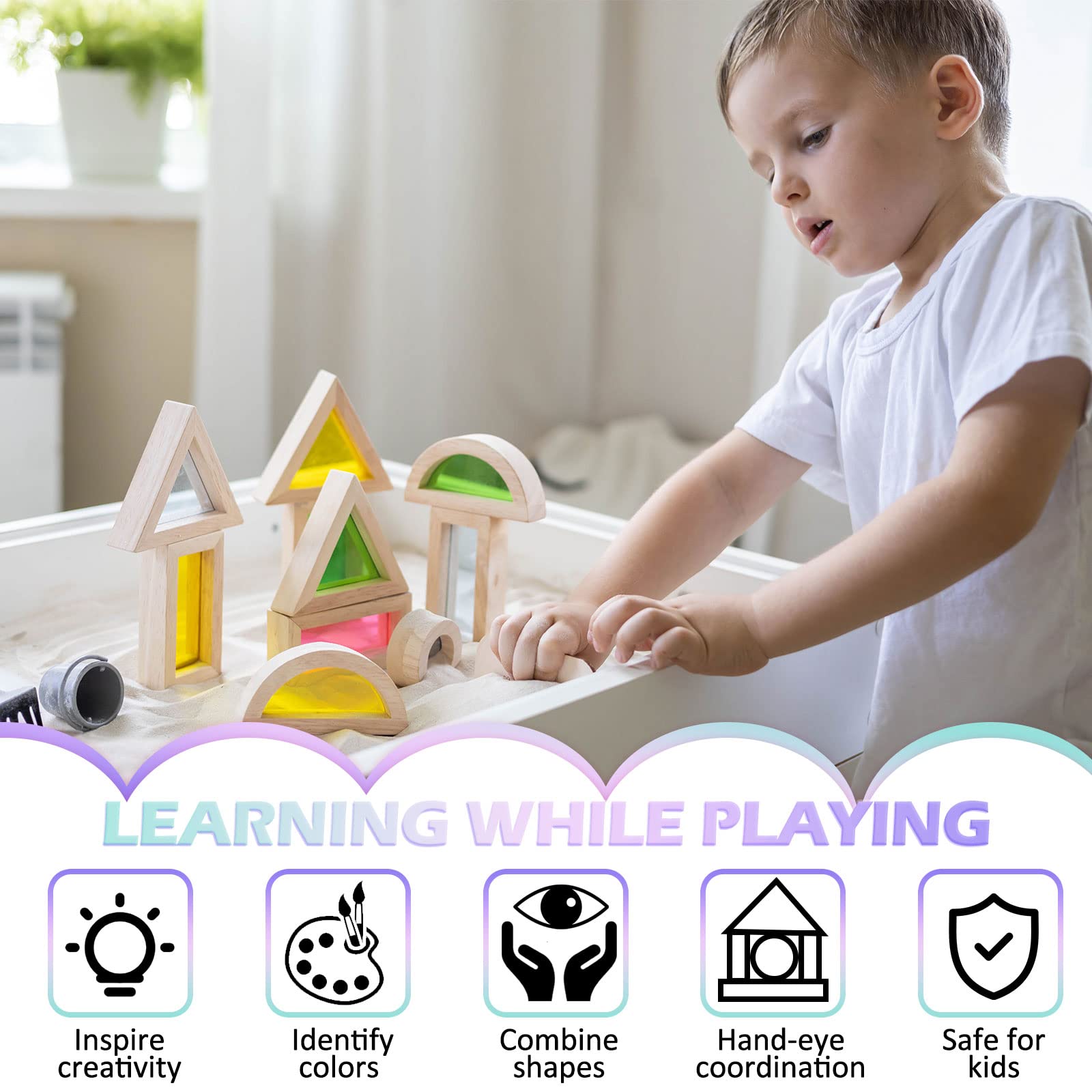 48 Pcs Wood Building Blocks Rainbow Geometry Wooden Blocks Construction Colorful Sensory Stacking Blocks for Toddlers Baby Kids Play Montessori Preschool Table Game Learning Educational Activity
