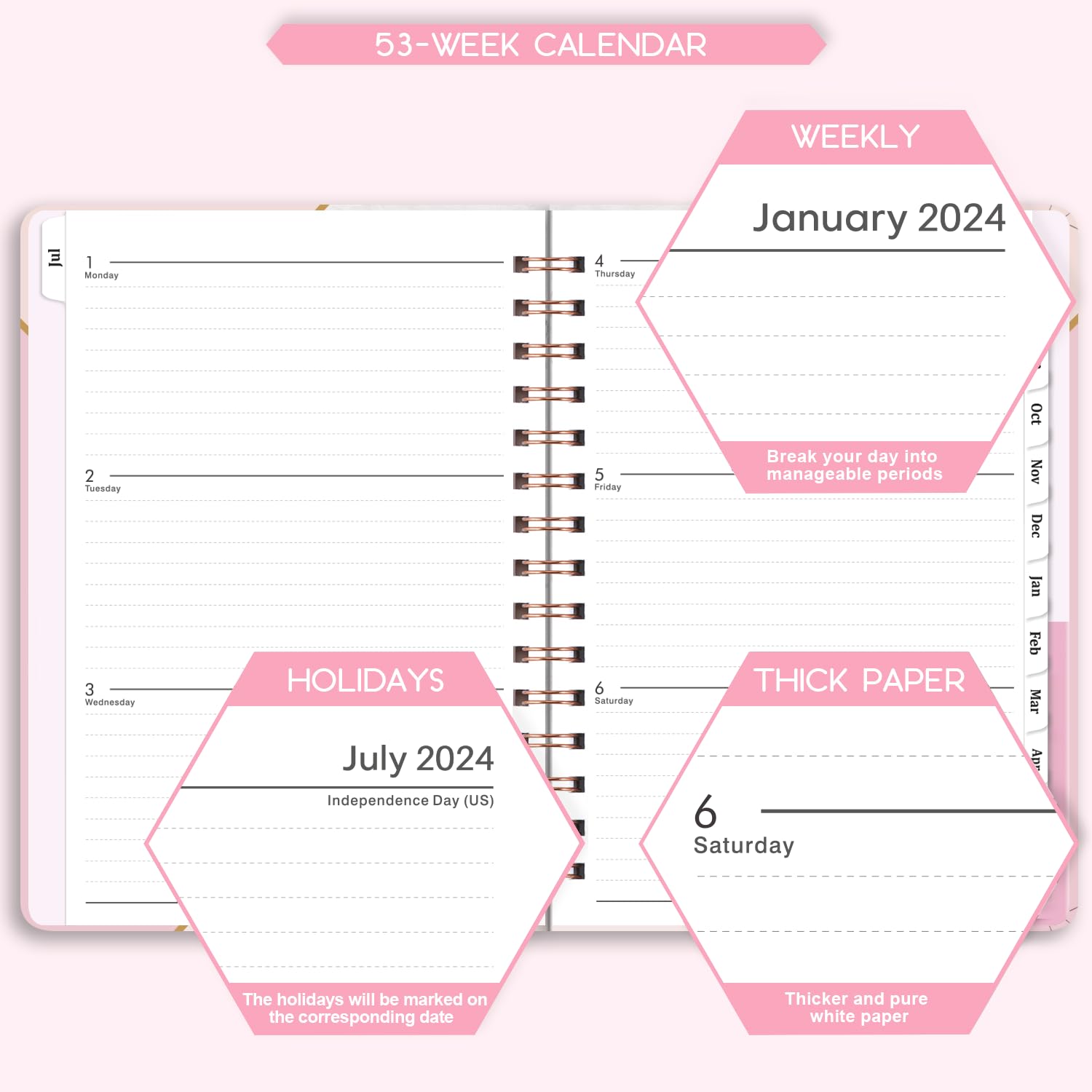 2024-2025 Planner - July 2024 - June 2025, Planner 2024-2025, 6.3" x 8.4", 2024-2025 Weekly and Monthly Planner with Marked Tabs - Pink Marble