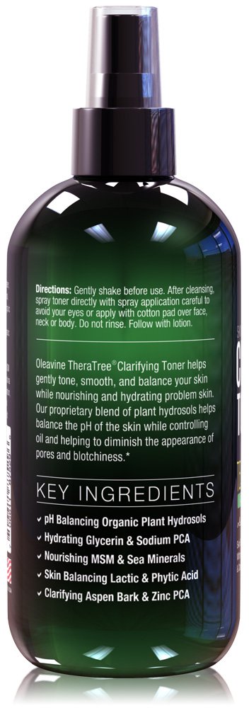 Clarifying Toner with MSM, Tea Tree & Neem Hydrosol, Complexion Control for Face & Body – Helps Reduce Appearance of Pore Size, Controls Oil to Tone, Balance & Hydrate Skin - 8 oz