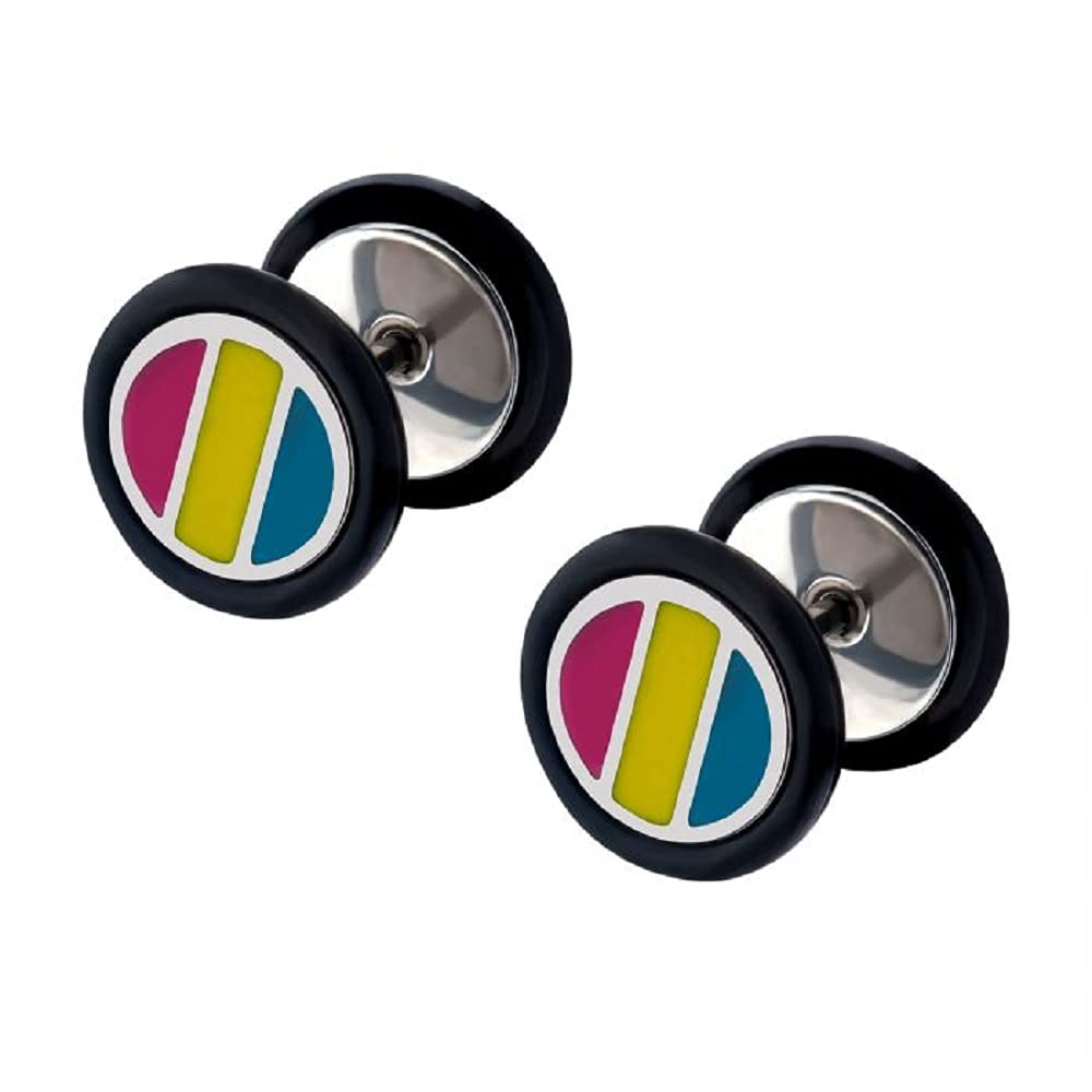 18GA Pink Yellow and Blue Striped Pansexual Pride Fake Cheater Plug Earrings, Sold as a Pair