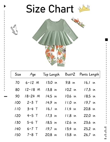 bilison Toddler Baby Girl Clothes Solid Color Ruffle Tops Floral Pants with Headband Outfit Set