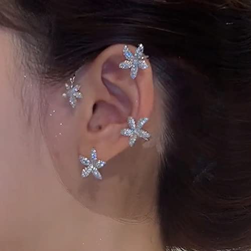 2PCS Women's Ear Clips Flower Flying Swallow (2PCS Silver Flower Ear Clips)