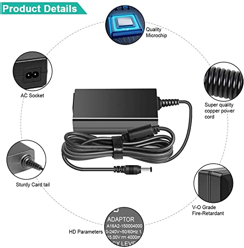 HKY 15V 60W Universal AC/DC Adapter Switching Power Supply with 10 Selectable Adapter Tips, AC to DC 15V 4A (15V 3.5A,15V 3A,15V 2A,15V 2.5A Compatible) Power Cord Cable Wall Plug Charger