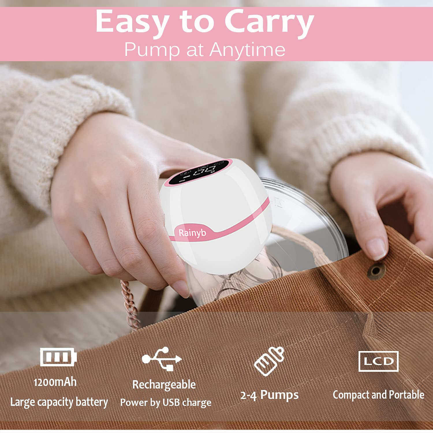 Rainyb Hands Free Breast Pump Electric Portable Breast Pump Quiet Strong Suction Power 3 Modes & 9 Levels Touch Panel High Definition Display, Come with 19mm /21mm /24mm Flanges
