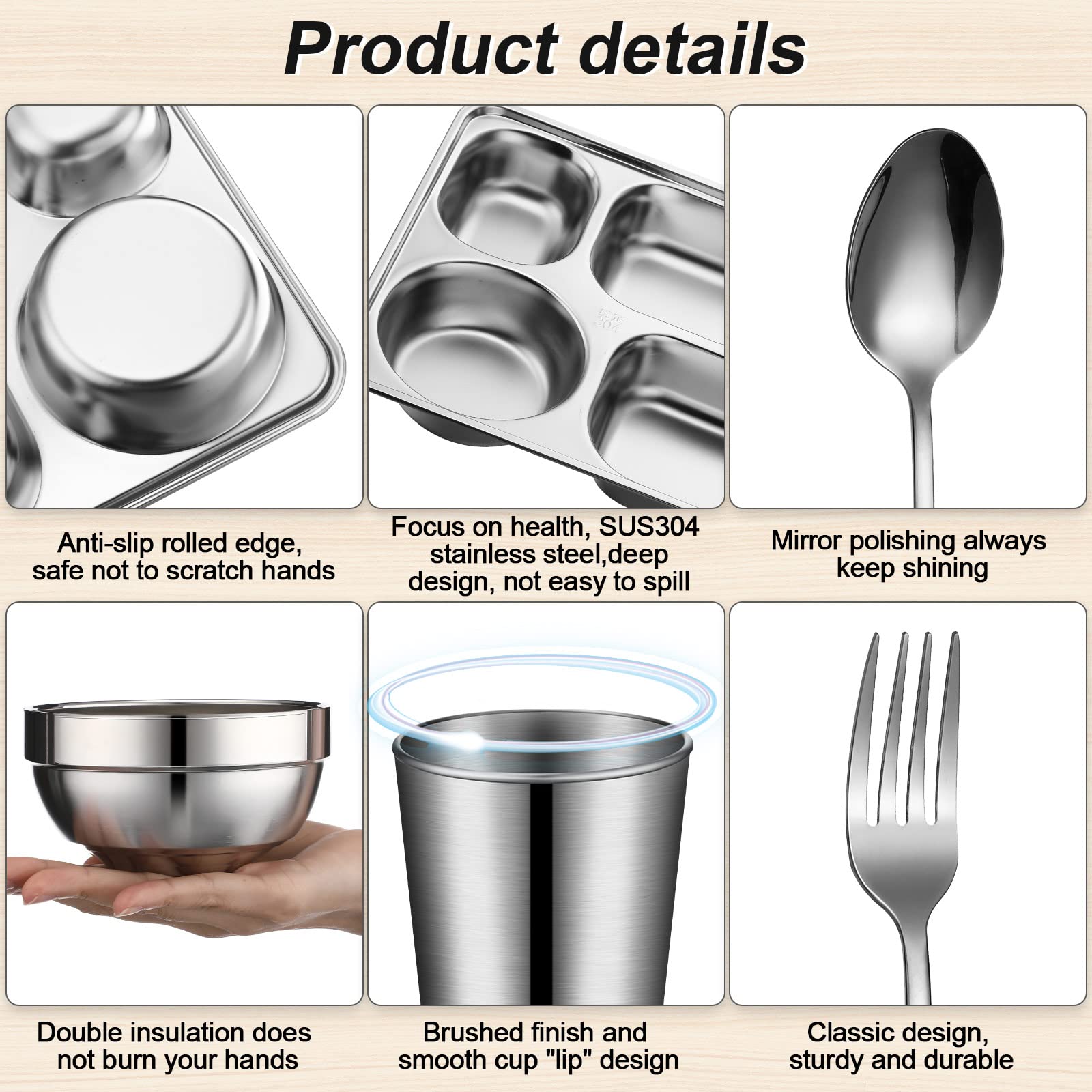 20 Pcs Stainless Steel Dinnerware Set, Including Stainless Steel Rectangular Divided Dinner Tray Spoons and Forks Set Silver Stainless Steel Cups and Stainless Steel Bowl for Home Kitchen Restaurant