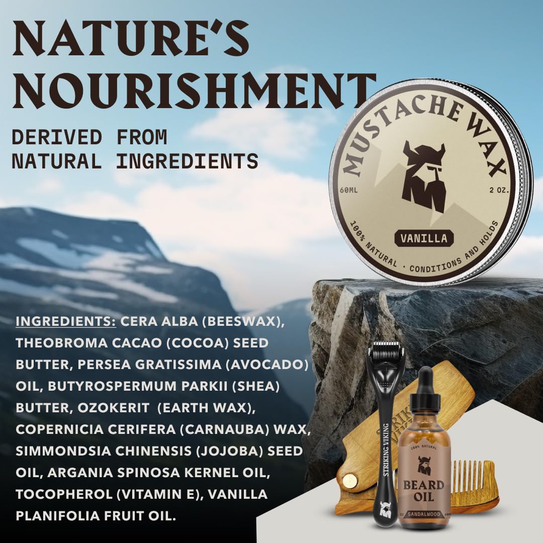 Striking Viking Mustache Wax & Comb Kit - Beard Care for Men with Strong Hold Beeswax- Helps Tame, Style & Groom - Vanilla Scent, 2 Ounce Size - Mens Mustache Grooming Wax