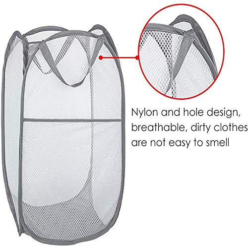 Larpur Popup Mesh Laundry Basket, Collapsible Laundry Hamper Portable Clothes Washing Laundry Hamper with Reinforced Carry Handles for Home, Dormitories, Travel, Apartments (Grey)