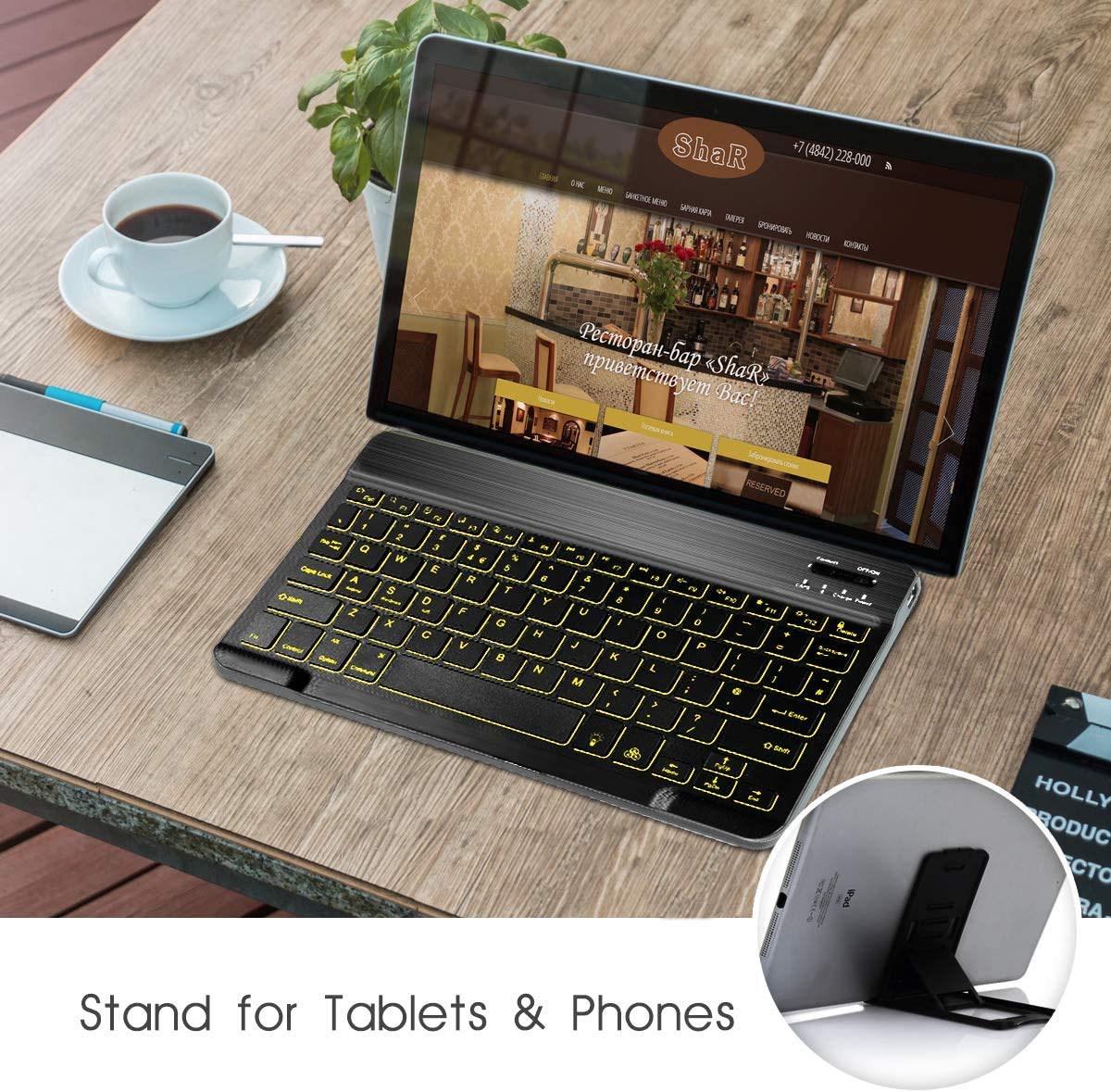 Coastacloud Ultra Slim Backlit Wireless Bluetooth Keyboard, Universal Portable 7-Colors Backlit Rechargeable Keyboard with Stand for iPhone Samsung iOS Android Windows Tablets Phones