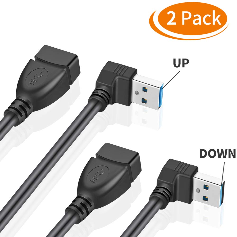 URWOOW 2 Pack SuperSpeed USB 3.0 Angle Male to Female Extension Cable 6 Inch Convertor Adapter Extender Cord Up Angle and Down Angle one Each
