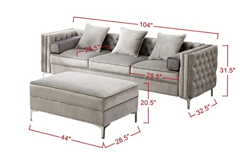 Legend Vansen Reversible L Shaped Velvet Sofa Chaise with Ottoman for 3seats Large Size Sectional, Grey