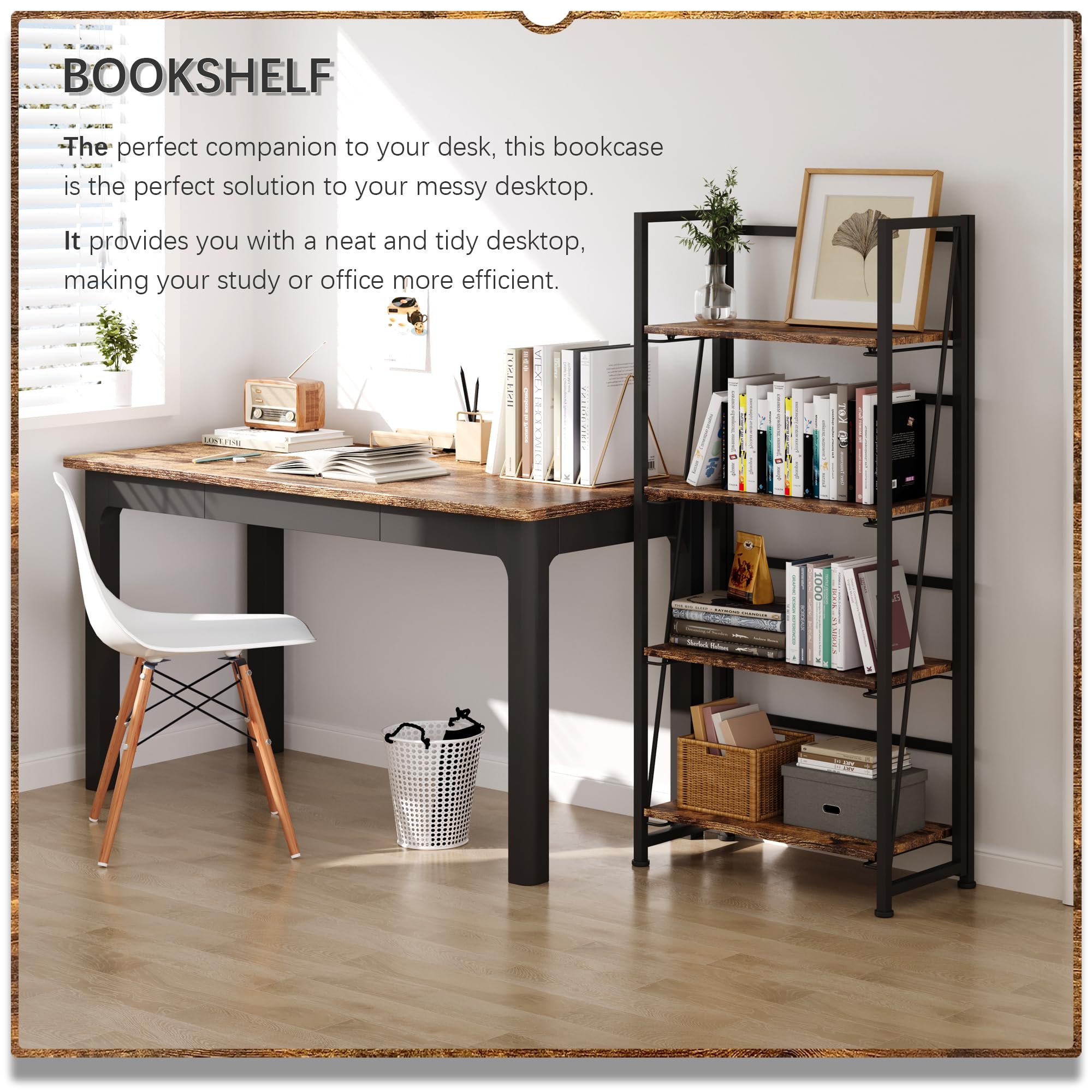 4NM No-Assembly Folding Bookshelf Storage Shelves 4 Tiers Vintage Bookcase Standing Racks Study Organizer Home Office (Rustic Brown and Black)