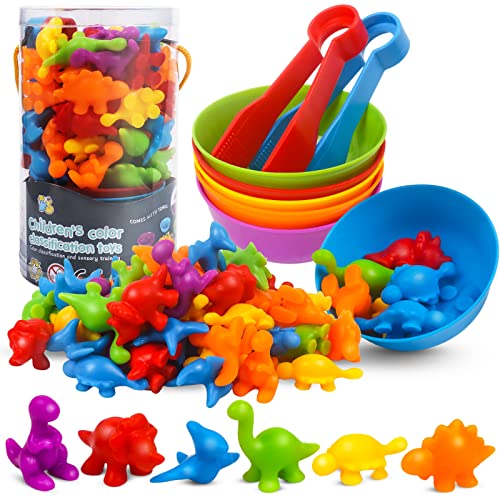 Counting Dinosaurs Toys Matching Game with Sorting Bowls Preschool Learning Activities Montessori Sensory Teaching Toys for Math Counters Color Sorting for Toddlers Kids Age 3+ Old Boys Girls