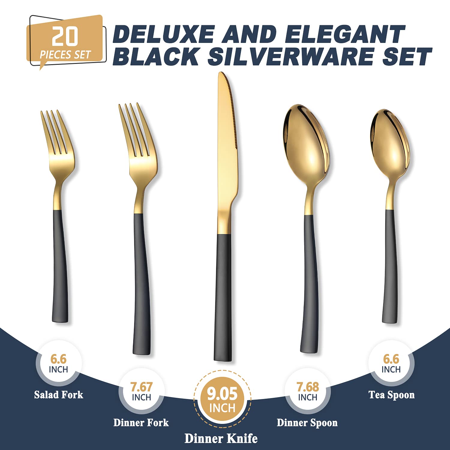 20 Pieces Silverware Set, Stainless Steel Flatware Set Includes Spoons Forks Knives, Cutlery Utensils Set Service for 4, Gold Mirror Polished and Matte Black Painted, Dishwasher Safe