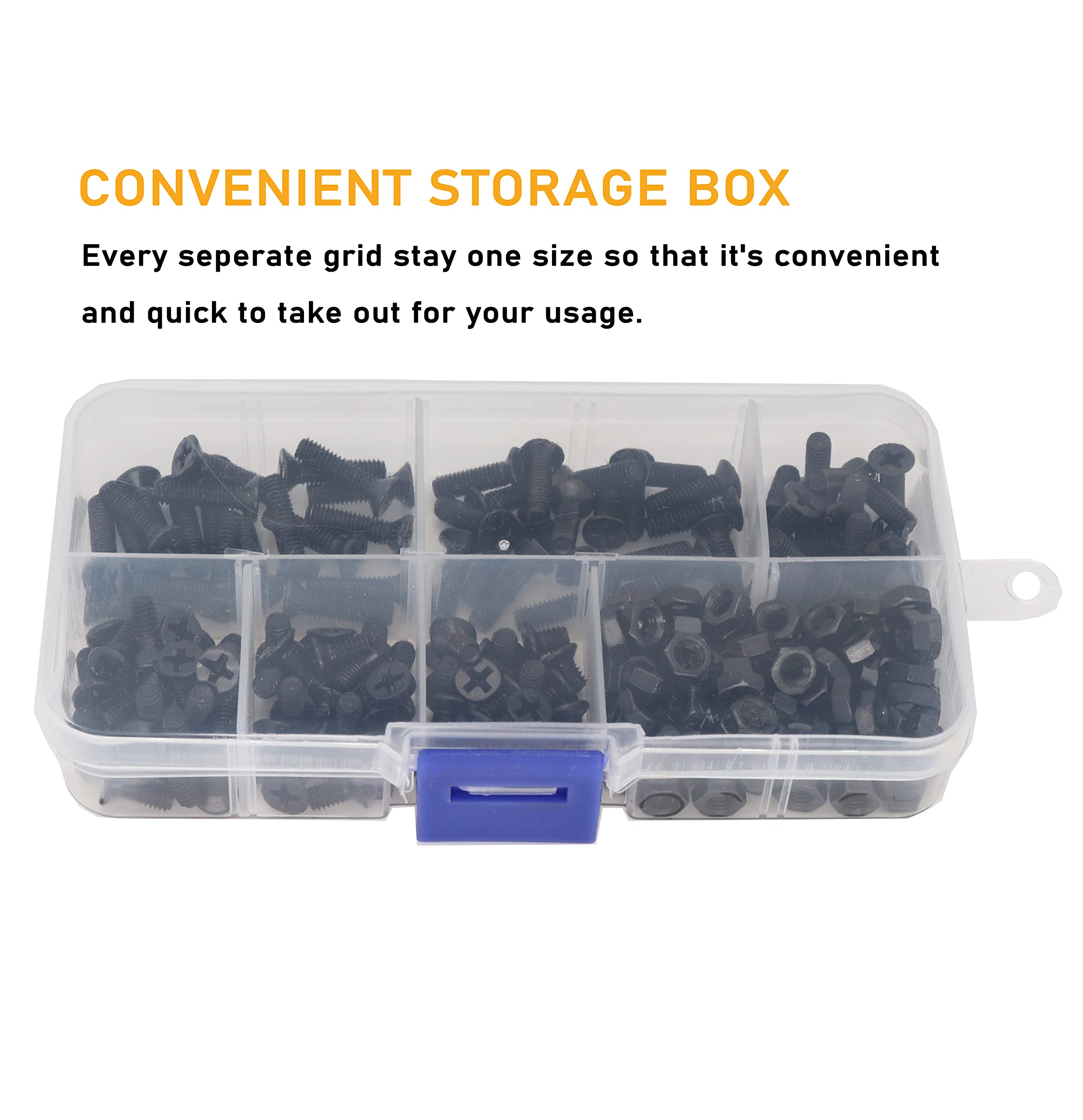 binifiMux M4 Flat Head Screws and Hex Nuts Phillips, M4 Countersunk Machine Screws, 220pcs (6 Sizes) M4-.7mm Black Bolts Nuts Assortment for Tv Stand,Computer Repairing, DIY
