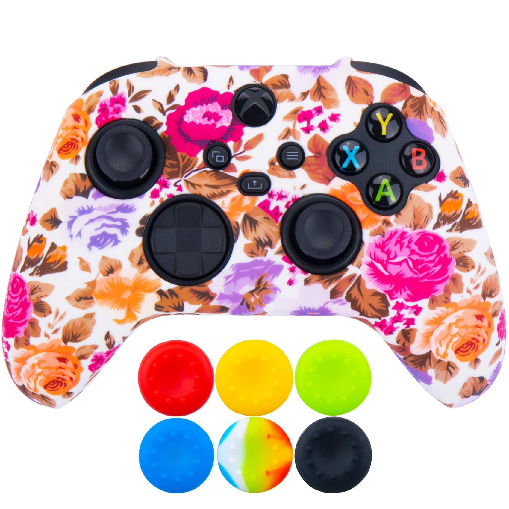 9CDeer 1 Piece of Silicone Transfer Print Protective Thick Cover Skin + 6 Thumb Grips for Xbox Series X/S Controller Pink Flowers