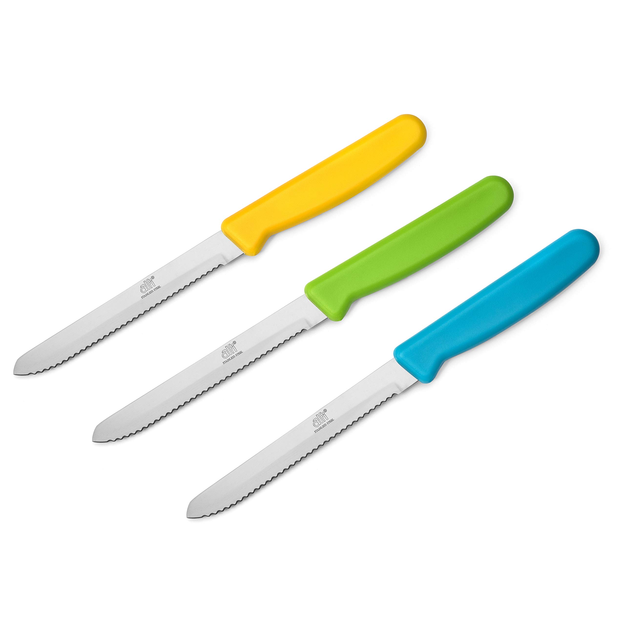Alfi All-Purpose Knives Aerospace Precision Rounded Tip - Home And Kitchen Supplies - Serrated Steak Knives Set | Made in USA (3 Pack, Strawberry Pink)