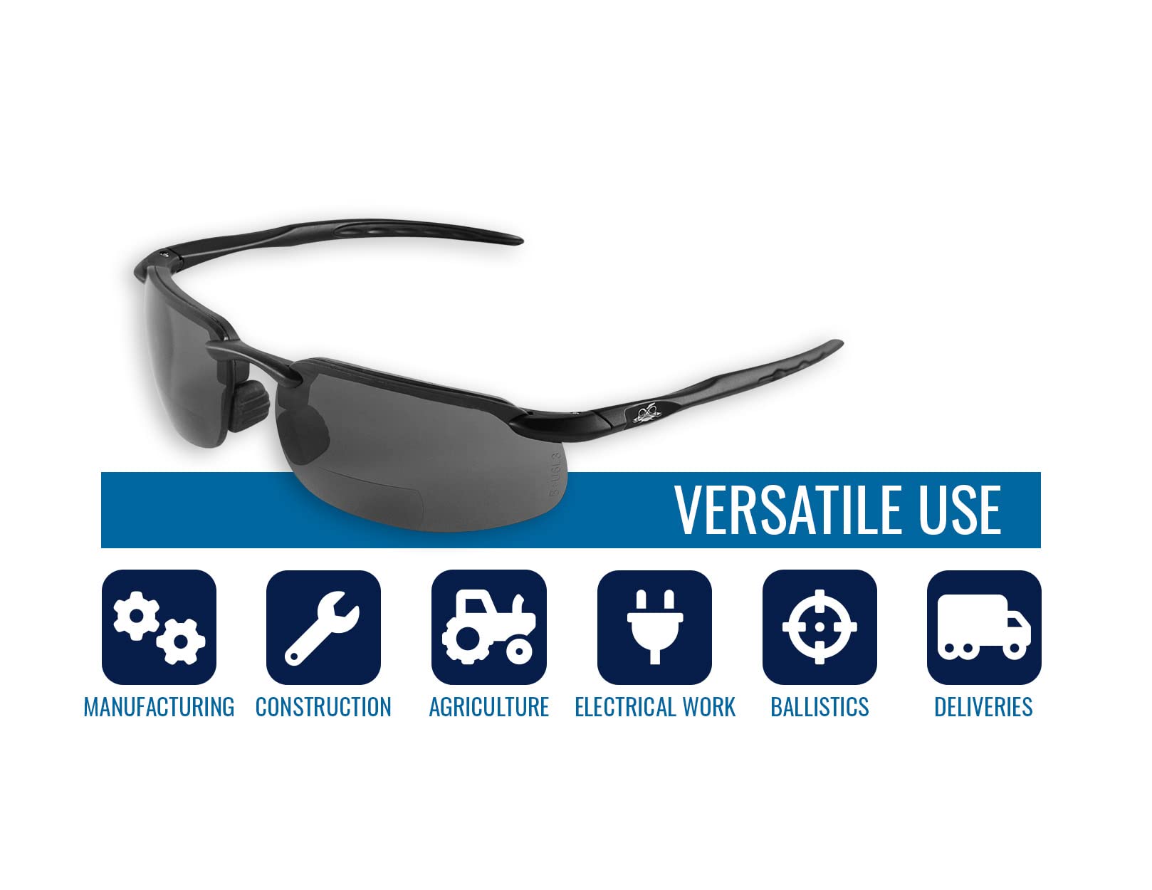 Bullhead Safety Swordfish Bifocal Safety Glasses, 1.5 Diopter, ANSI Z87, Reader Glasses With UV Light Protection And Anti-Scratch Coating, Smoke Lenses, Matte Black Frame