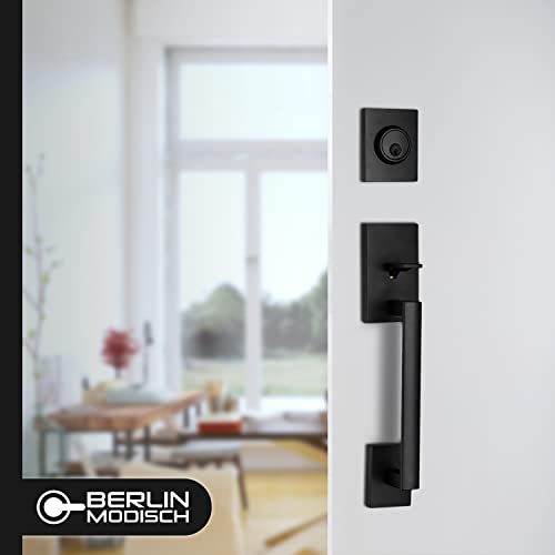 Berlin Modisch HandleSet Front Door Entry Handle and Deadbolt Lock Set Slim Square Single Cylinder Deadbolt and Lever Reversible for Right & Left Sided Doors Heavy Duty β Iron Black Finish