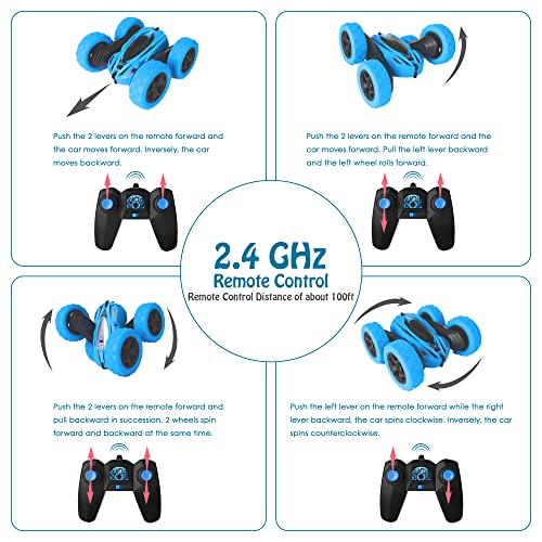 2-in-1 Remote Control Car, Rechargeable Remote Control Crawler for Kids Age 3 Years and up, Changeable Wheels, Double-Side 360° Flips, LED Headlights, Fast Stunt Toy Race Cars for Toddlers-Blue