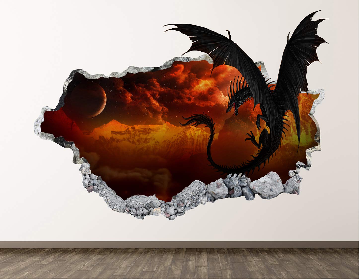 Dragon Wall Decal Art Decor 3D Smashed Kids Galaxy Sticker Mural Boys Gift BL06 (22"W x 14"H)