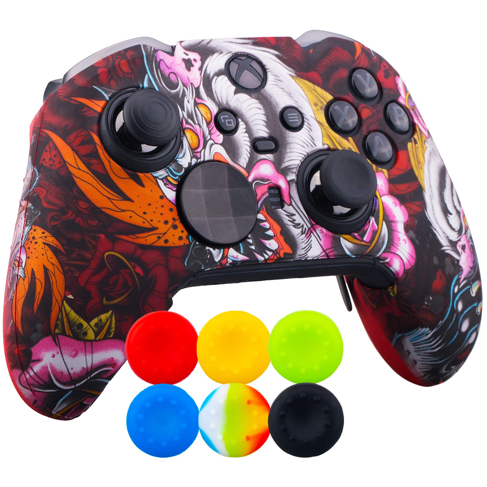 9CDeer 1 x Protective Customize Transfer Print Silicone Cover Skin Red Dragon + 6 Thumb Grips Analog Caps for Xbox Elite Series 2 Controller