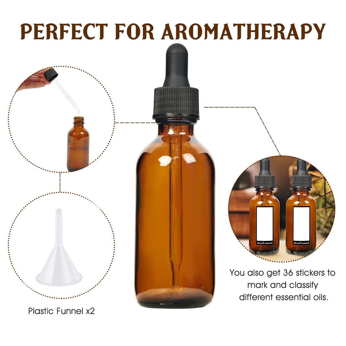 Eternal Moment 2 oz Eye Dropper Bottle(24 Pack), 60ml Amber Glass Bottles with Glass Eye Dropper for Essential Oils, Chemistry Lab Chemicals, Colognes & Perfumes