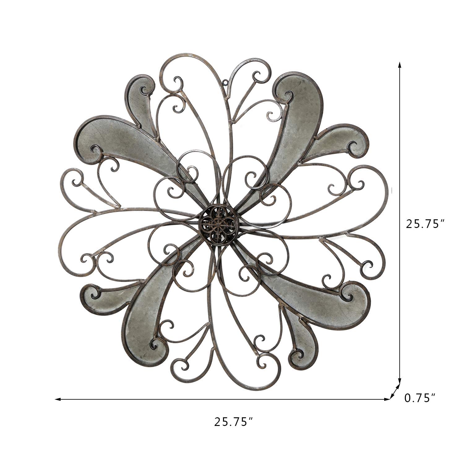 Adeco Rustic Urban Flower Scrolled Design, Metal Wall Hanging Decor For Nature Home Art Decoration & Kitchen Holiday Wall Decorations, Christmas Wall Art Gifts - 25x25 Inches