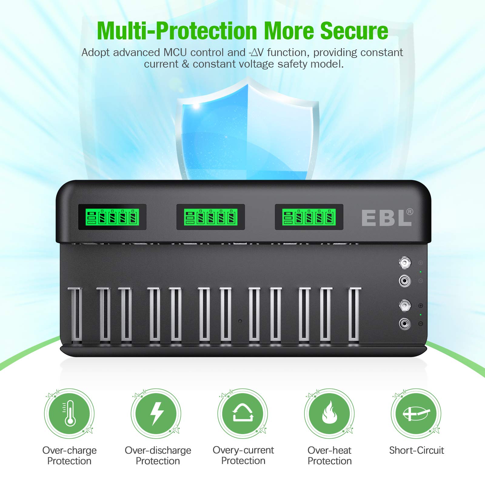 EBL 12+2 Bay LCD Rechargeable Battery Charger for AA AAA C D Ni-MH Ni-CD Rechargeable Batteries & 9V NiMH Ni-CD Li-ion Rechargeable Batteries (AC Power Supply)