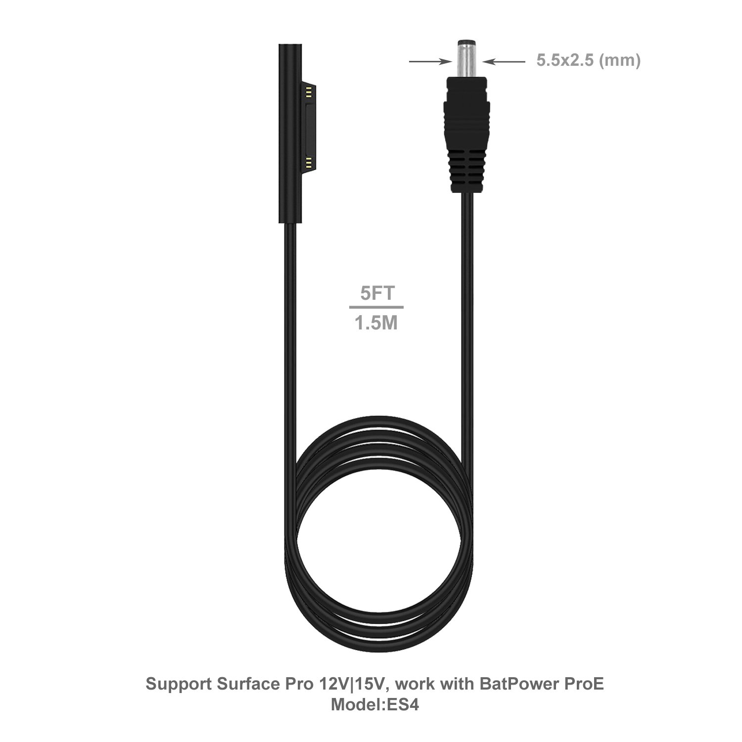 BatPower 60W ES4 Surface Charge Cable Power Cord Compatible with Microsoft Surface Book Laptop 4 3 2 1 Surface Pro 8 X 7 6 5 4 3 Go Surface Power Bank External Battery Portable Charger Charging Cable