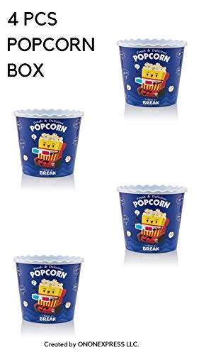 ONONEXPRESS Modern Style Reusable Plastic Popcorn Box / Popcorn Containers / Popcorn Bowls Set for Movie Theater Night - (BPA Free - BLUE 4 Pack-75 oz)