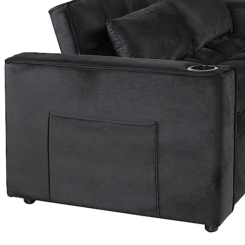 4-in-1 Multi-functional Sofa Bed with Cup Holder and USB Port, Velvet Pull Out Sofa Bed with 2 Pillows and Adjustable Backrest, 58" Loveseat Couch Bed for Living Room Office Apartment (Black-V)